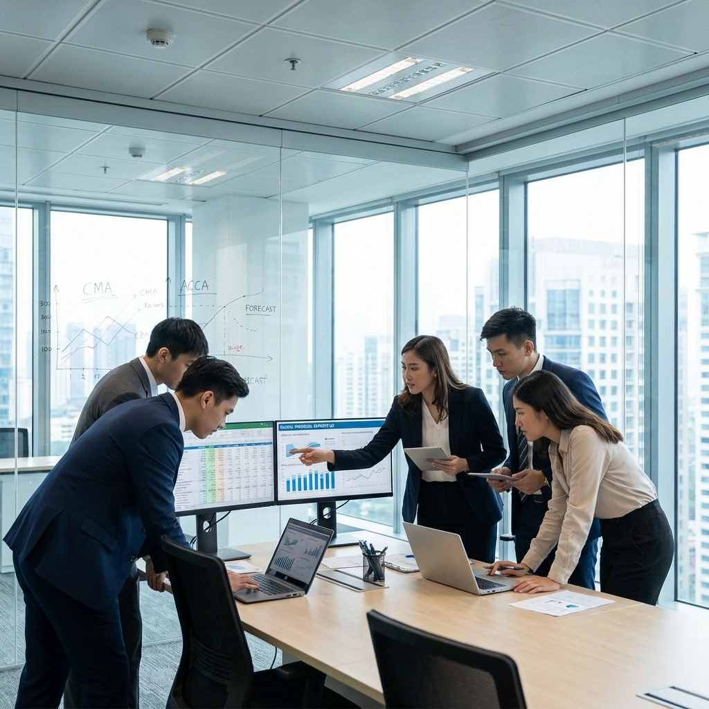 Finance professionals and interns discussing financial reports